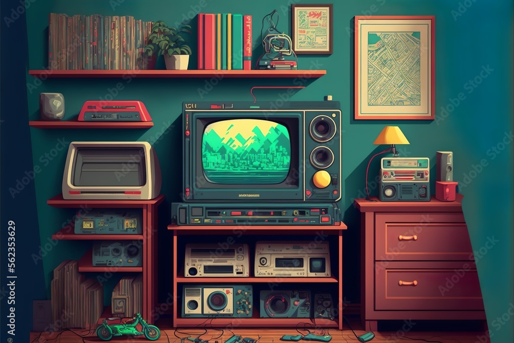 Retro kid's room interior with vintage devices and pop culture posters ...