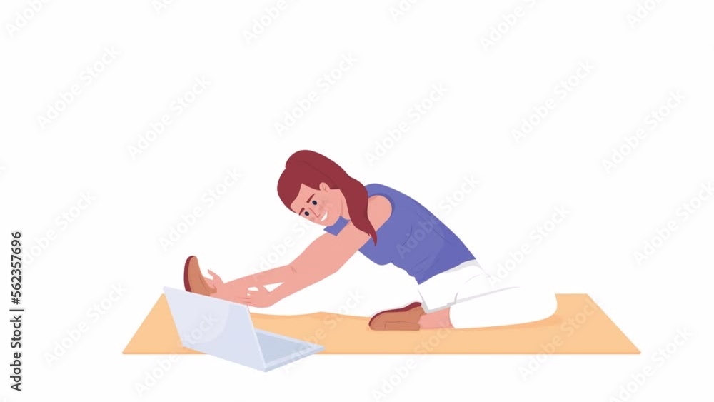 Animated live workout class. Sportswoman with laptop. Full body flat ...