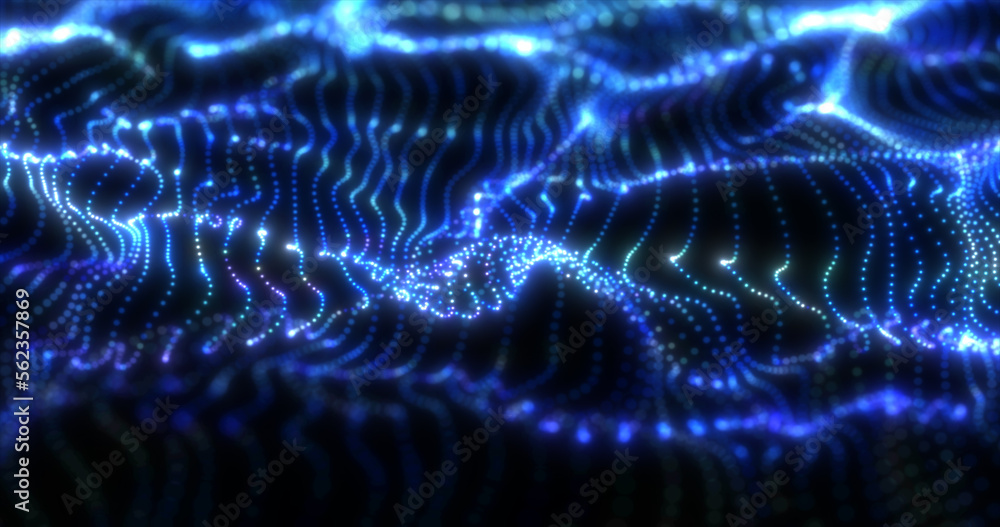 Abstract blue futuristic waves from a grid of particles lines glowing ...