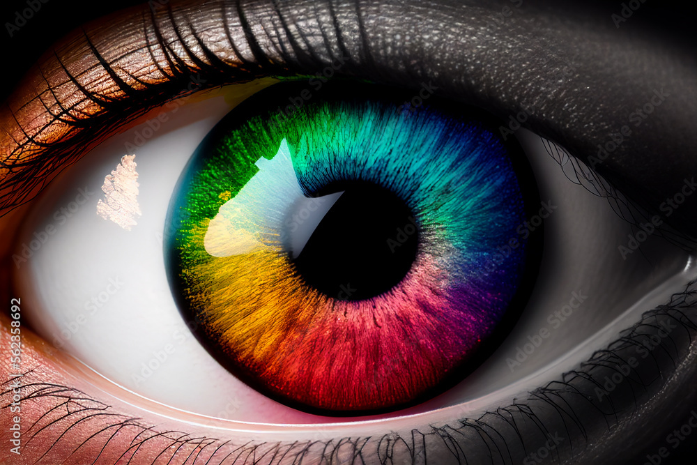 Female eye with colorful pupil. Close up of rainbow eye. Created with ...