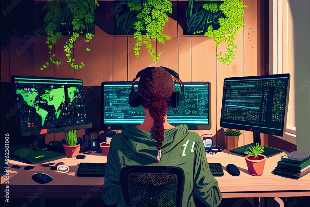 Productivity and Focus: A woman sits at a wood desk surrounded by ...