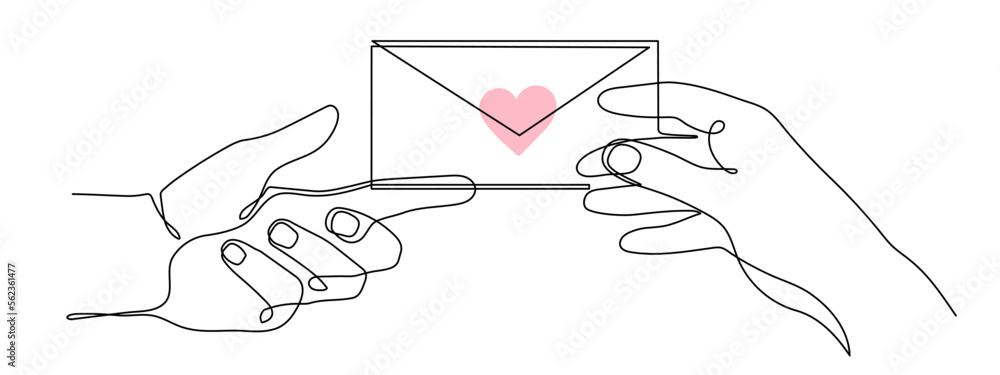 Hands with letter in envelope and heart,one line art,continuous contour ...