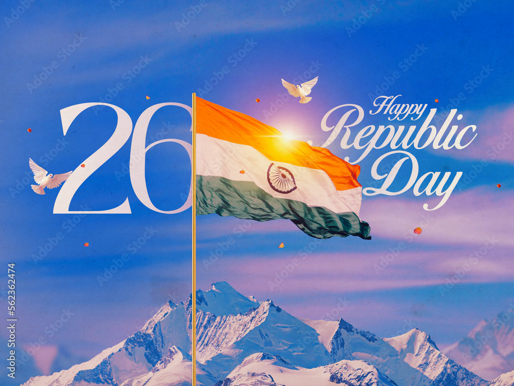 26 January Indian Republic Day text with flying Indian flag image for ...