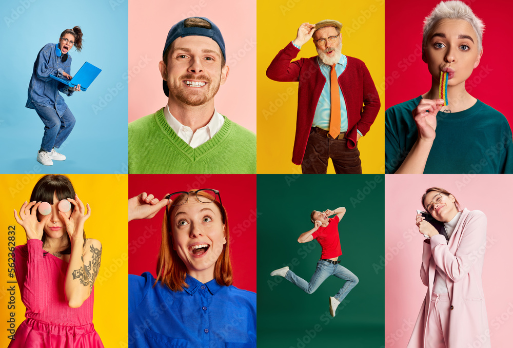 Collage made of different people of various age posing over ...