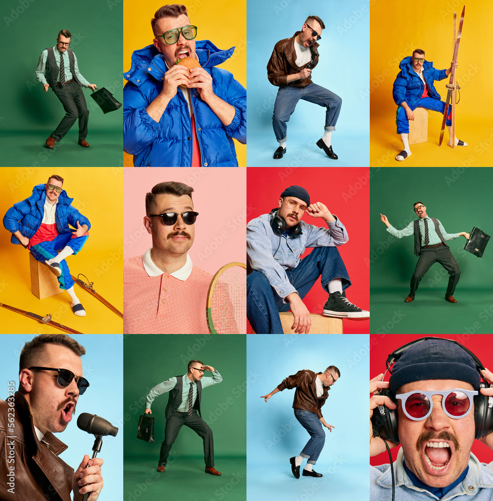Collage. Portraits of young emotional man posing in different clothes ...