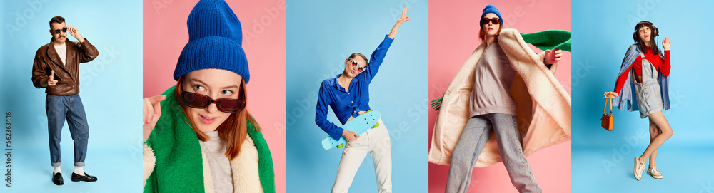 Collage made of different stylish models, man and women posing over ...