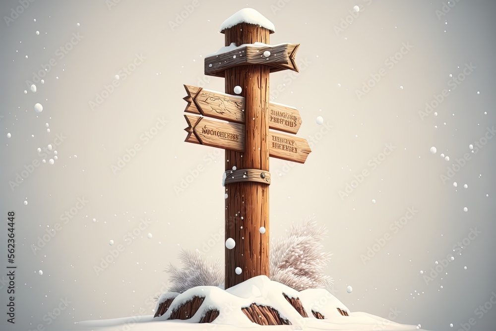 Realistic art depiction of an antique wooden signpost coated in snow ...