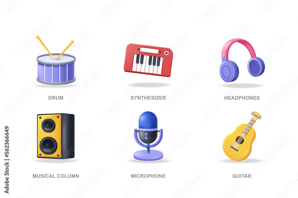 Music instruments 3D icons set in modern design. Pack isolated elements ...