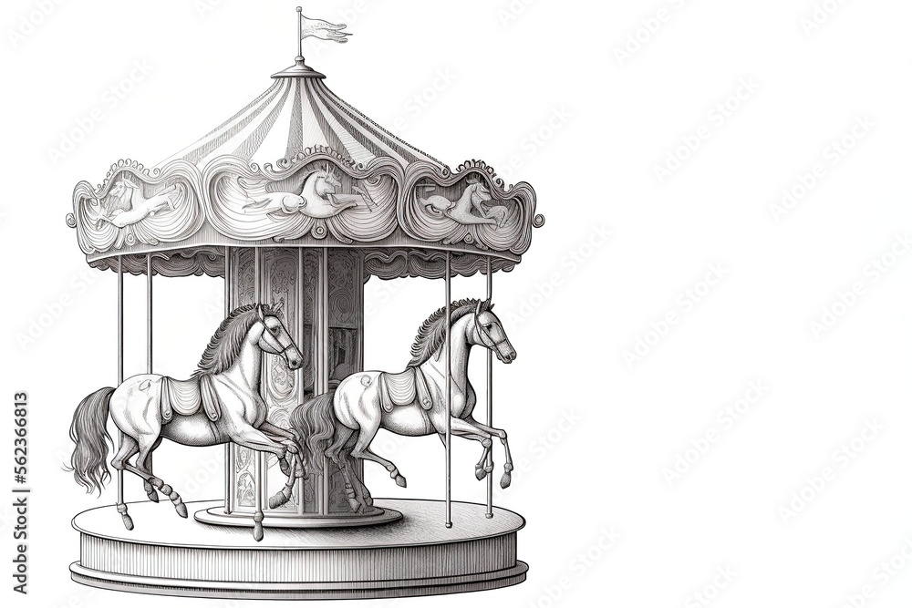 Vintage carousel with horses. Sketch. Engraving style. Children ...