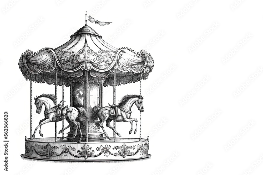 Vintage carousel with horses. Sketch. Engraving style. Children ...