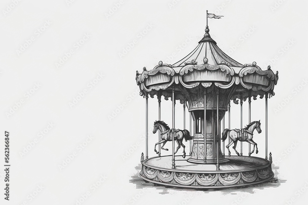 Vintage carousel with horses. Sketch. Engraving style. Children ...