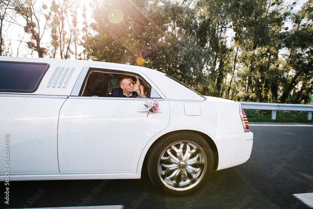 Wedding couple the limousine. The bride and groom in a limo ride on the ...