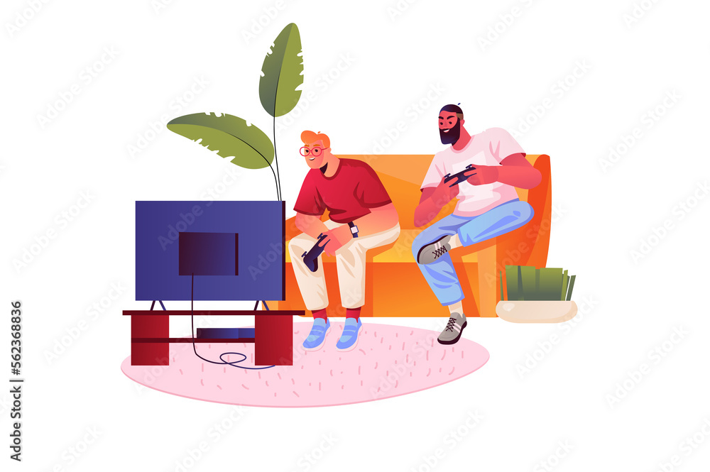 Gaming concept with people scene in flat design. Men gamers playing ...