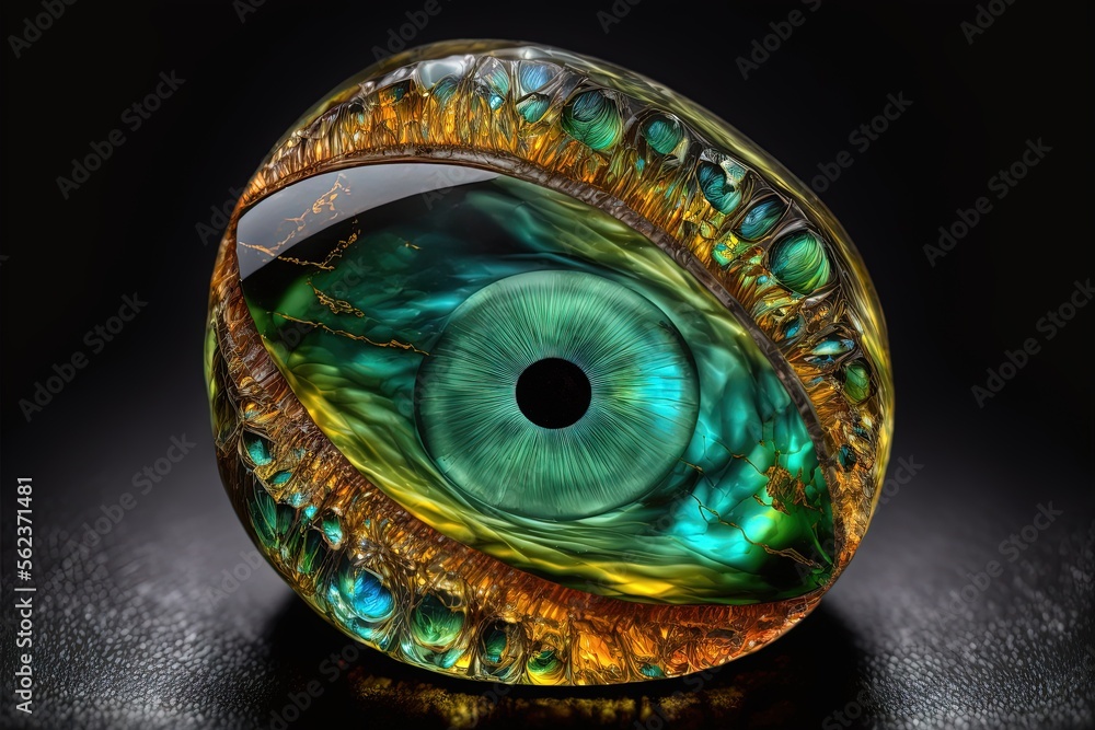 a glass sculpture of an eye with a green iris in it's center and a ...