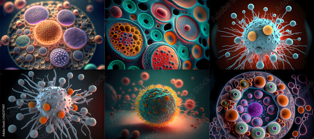 Cells under microscope. Microbiology concept, 3d illustration ...