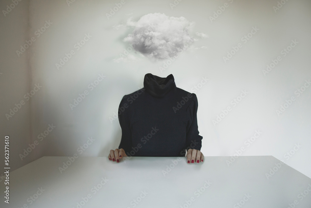 surreal person with a cloud for a head, abstract concept of dream ...