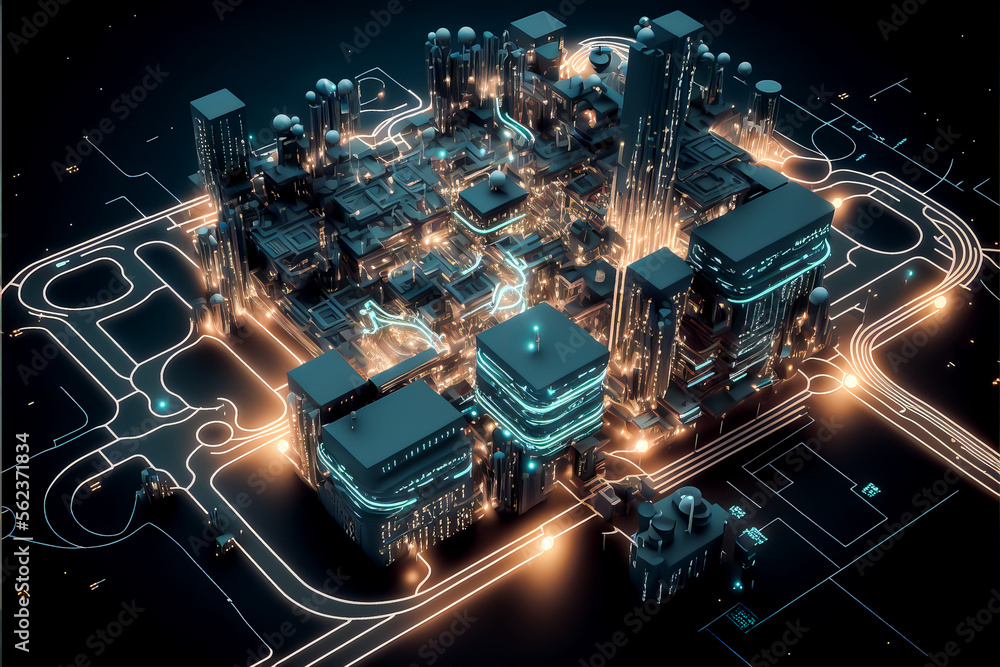 Smart city concept. Telecomunication, internet, mobile, cloud computing ...