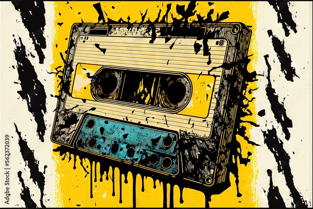 a drawing of a cassette tape with paint splatters on it and a yellow ...