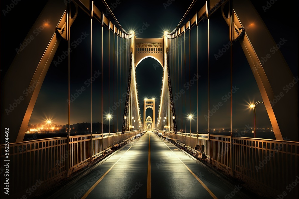 a bridge with lights on at night time with a dark sky background and a ...