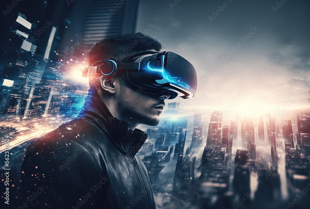 illustration of a handsome man wearing VR headset with cyber theme ...