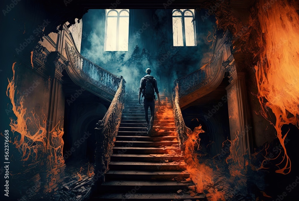 human spirit walking down from the stair while fire flame burning ...