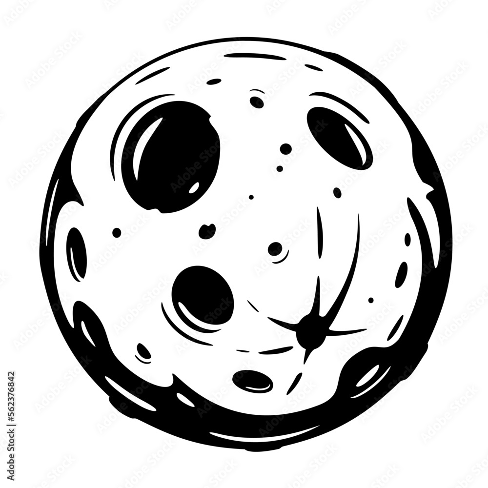 Full moon cartoon with big craters in black and white colors isolated ...