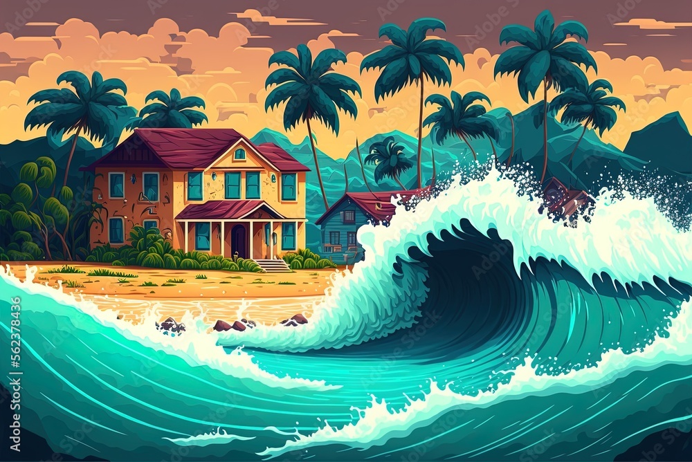 Tropical beach with palm palms and cottages is hit by a tsunami ...