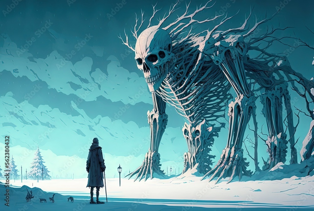 fantasy anime style illustration of a man or woman facing gigantic ...