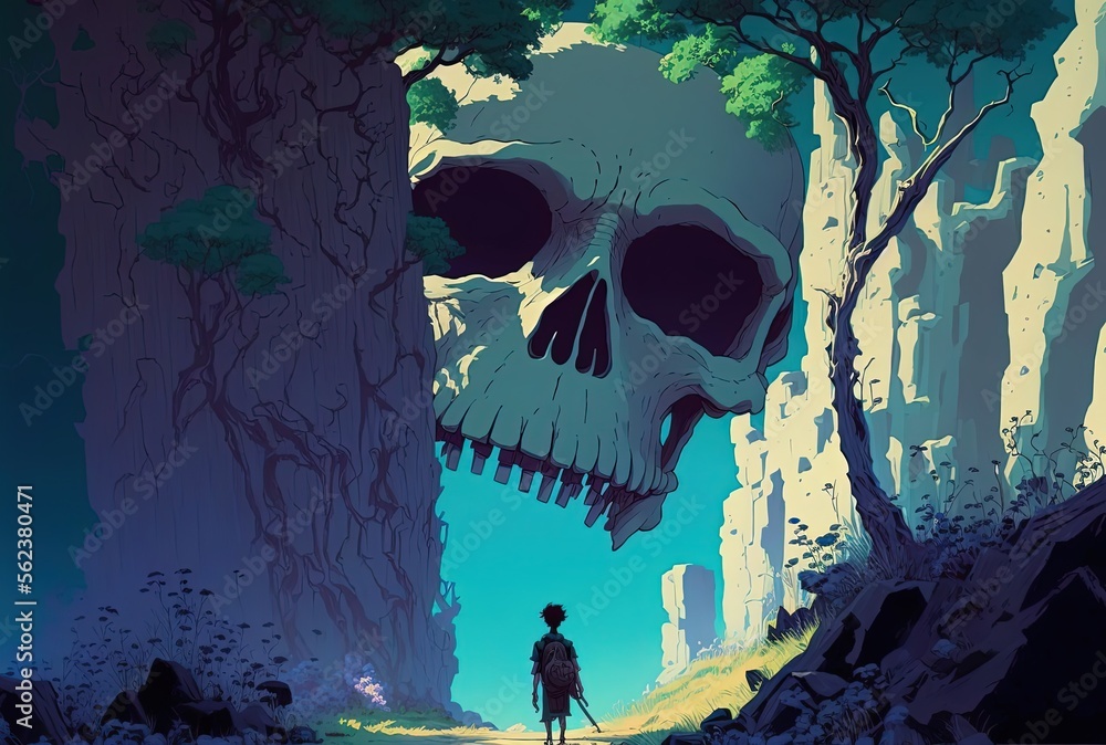 a boy or a girl is facing giant skull monster with no fear, anime style ...