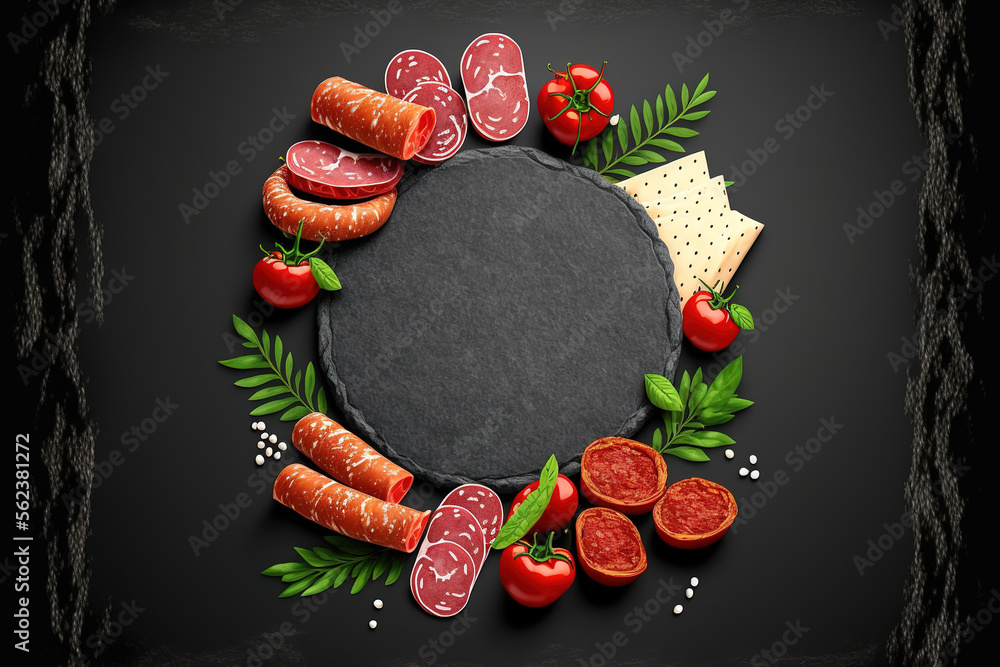 nibbles and salami. Sausage On a black stone background, foiet ...