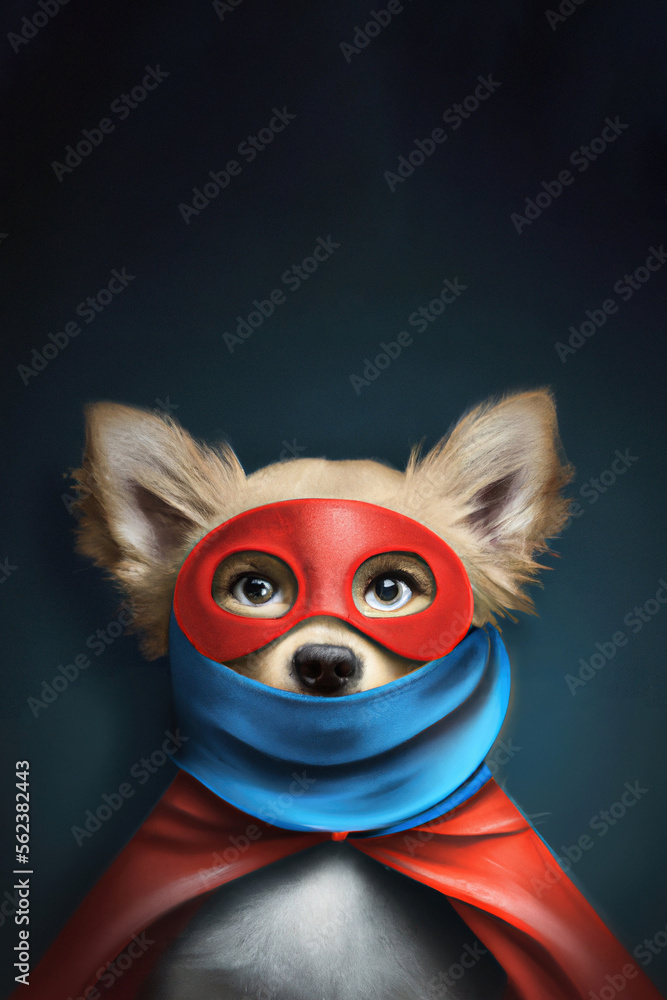 Illustration of a young dog in red superhero costume, stern-looking ...