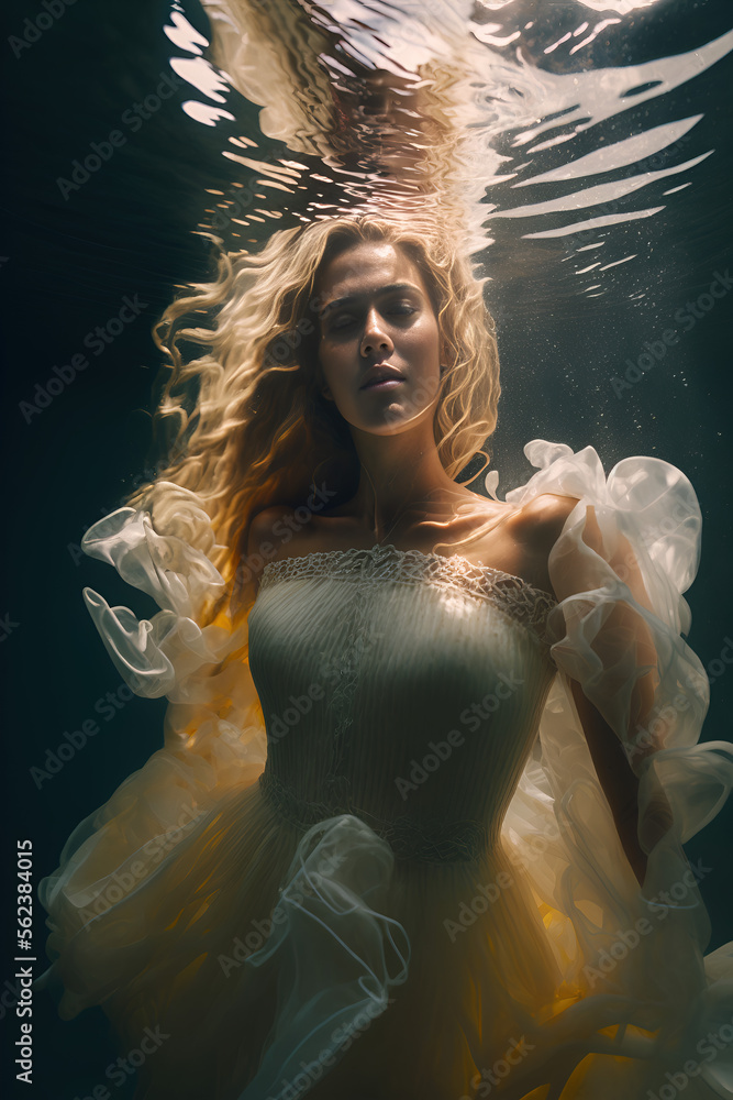 Underwater model, young beautiful girl posing under water. Summer trip ...