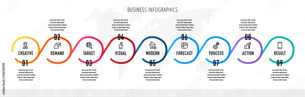 Vector line infographics with 9 circles. Business concept graphic ...