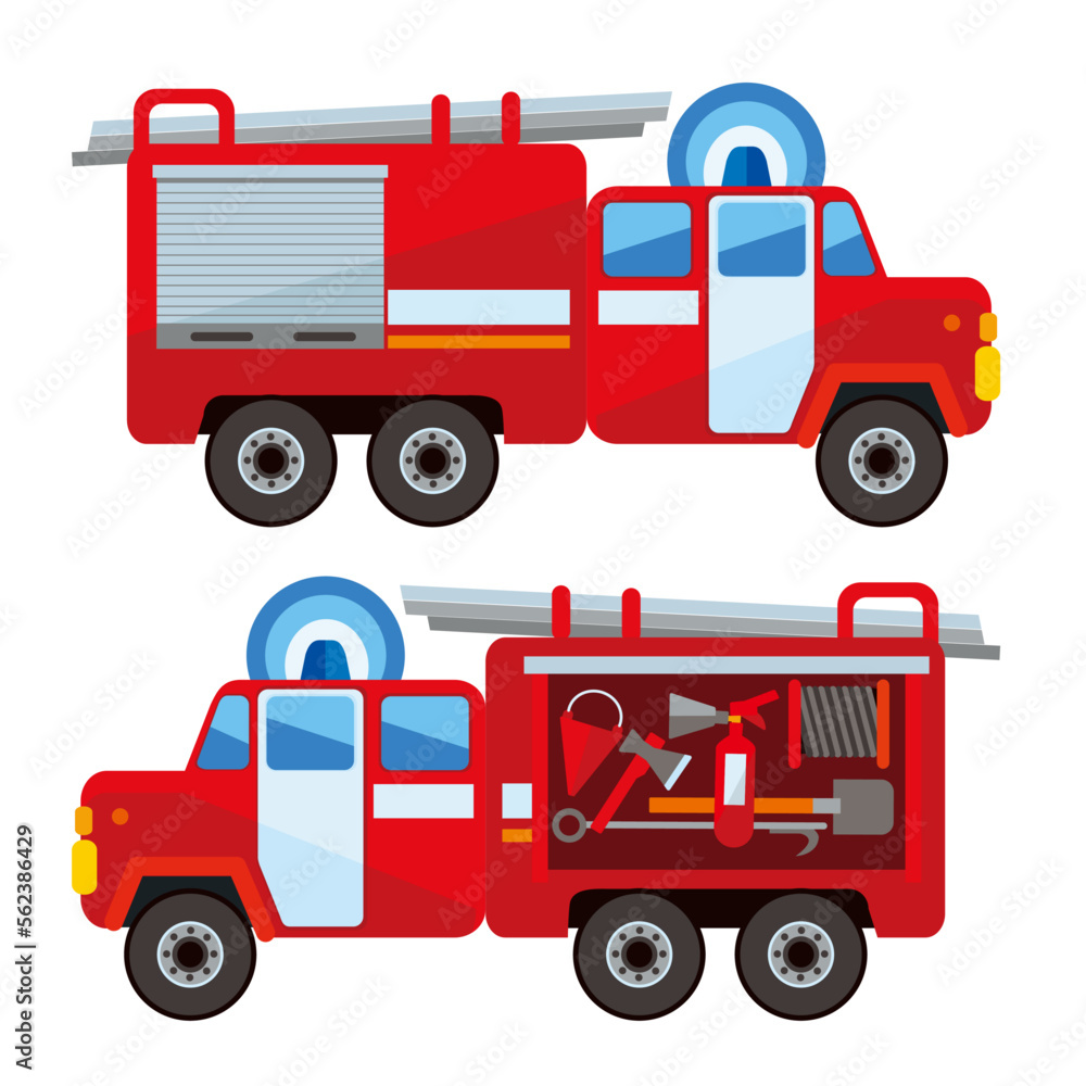 Fire truck side view. Fire truck with open compartment for fighter ...