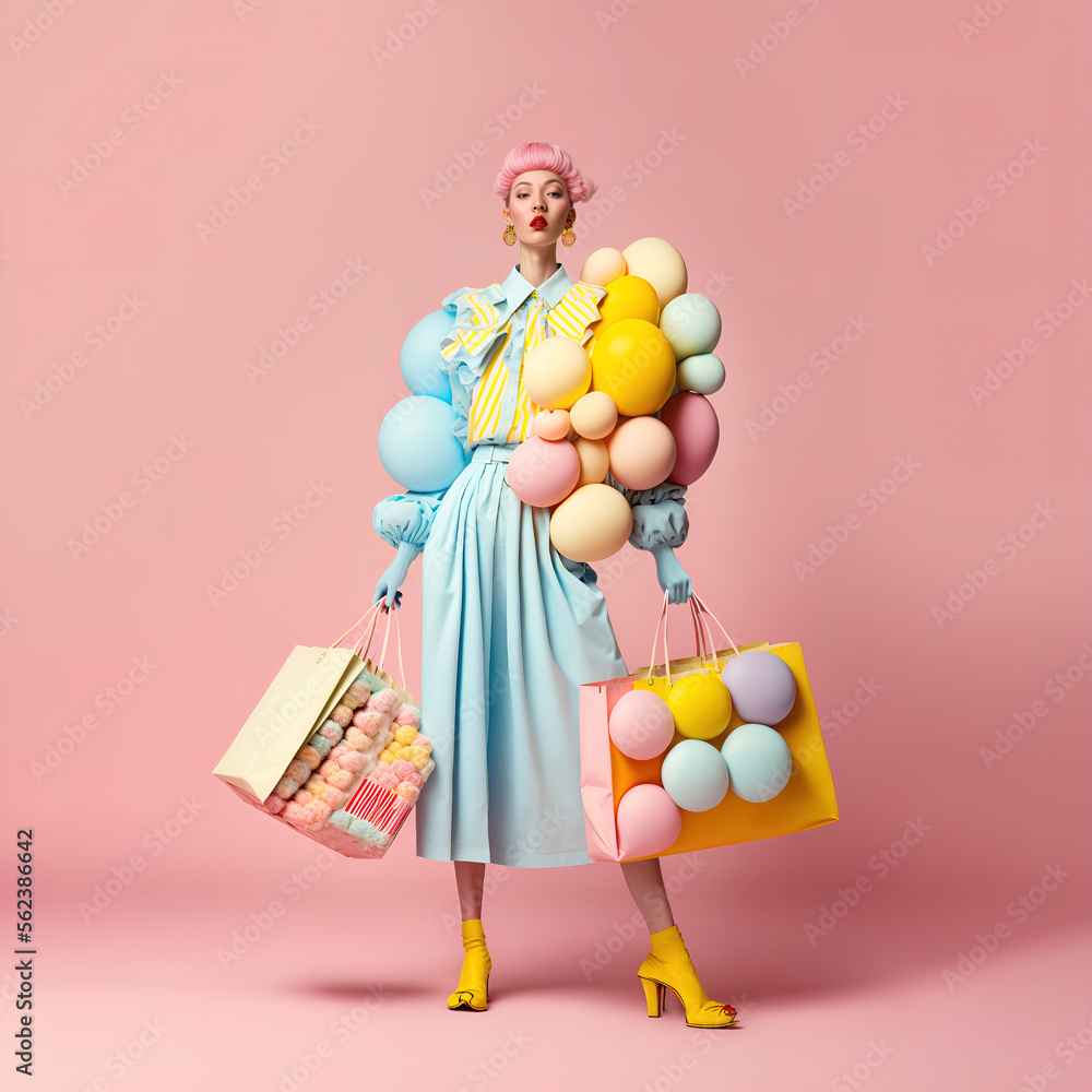 Girl laughing, having fun, posing and go shopping. Pastel background ...