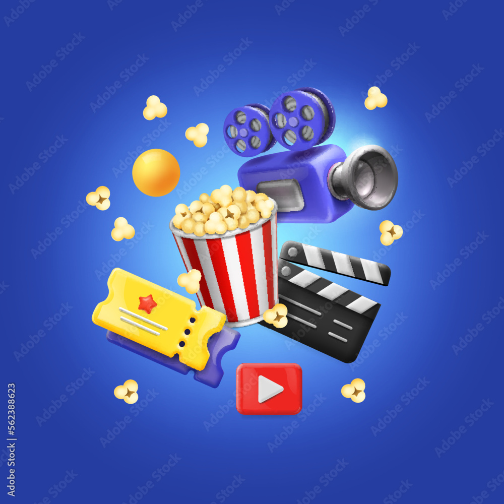 Film industry concept. Film production, cinema elements. Pop corn ...