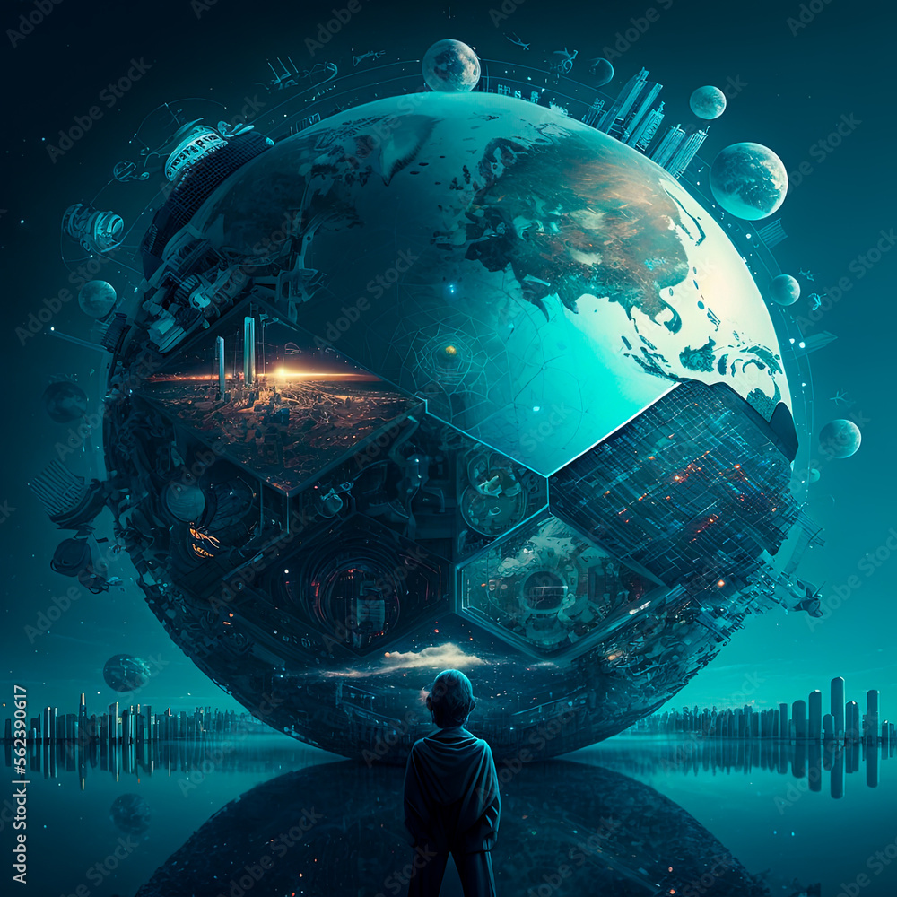 futuristic world interconnected with satellite network, technology ...