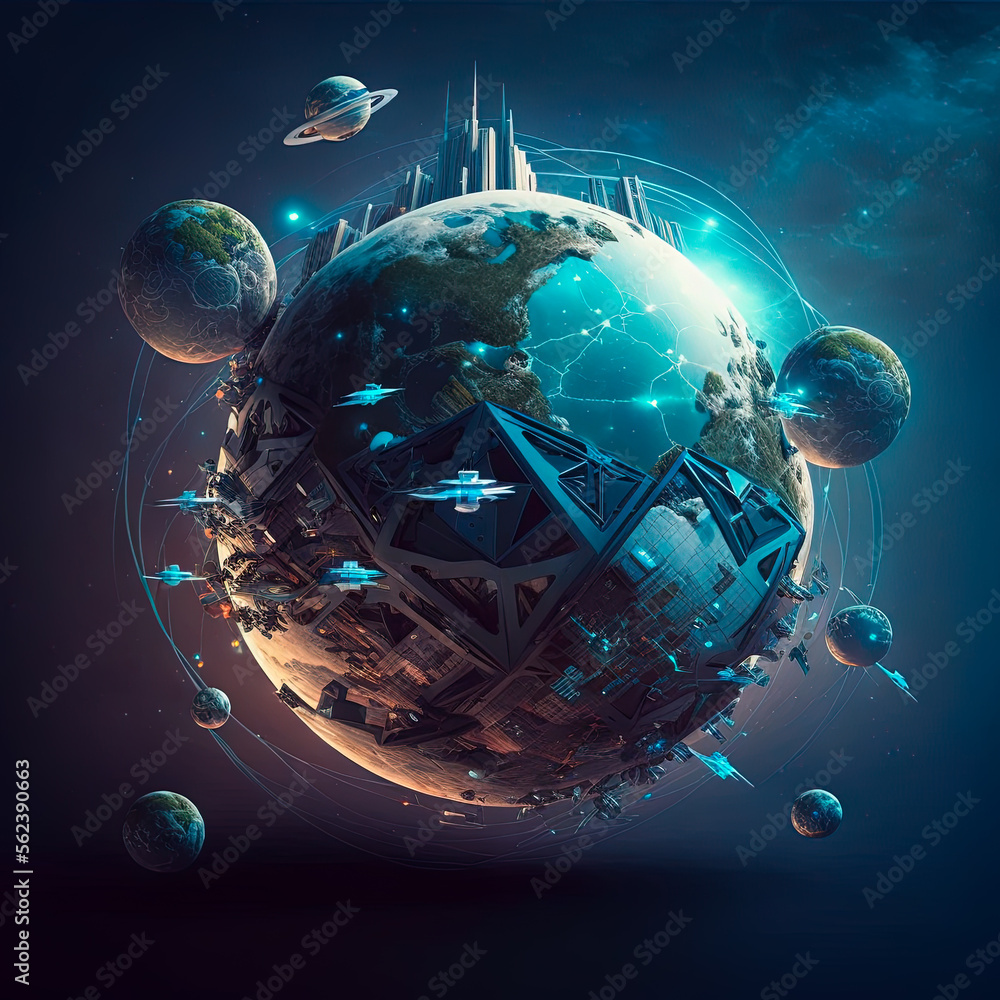 futuristic world interconnected with satellite network, technology ...