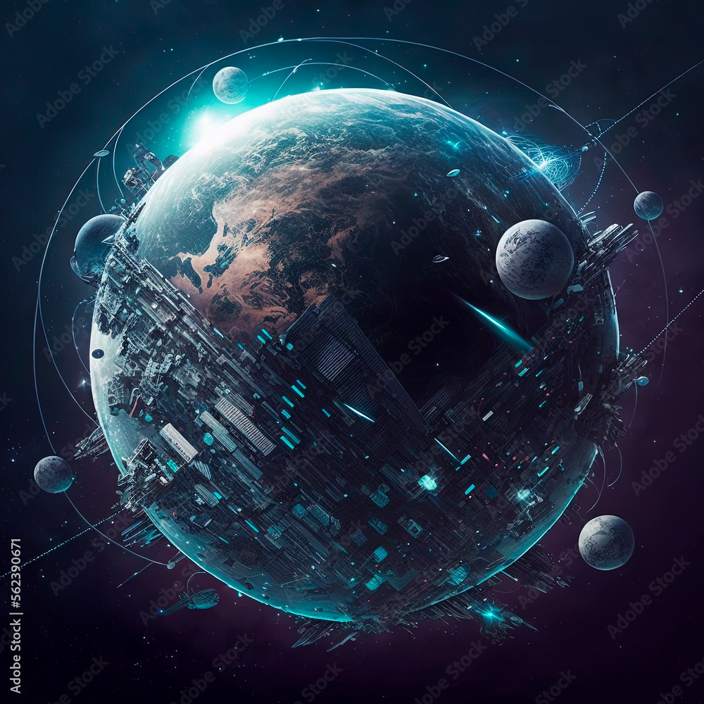 futuristic world interconnected with satellite network, technology ...
