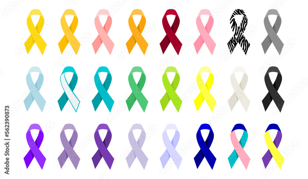 Set of all cancer ribbons, Cancer awareness ribbons. Flat vector ...