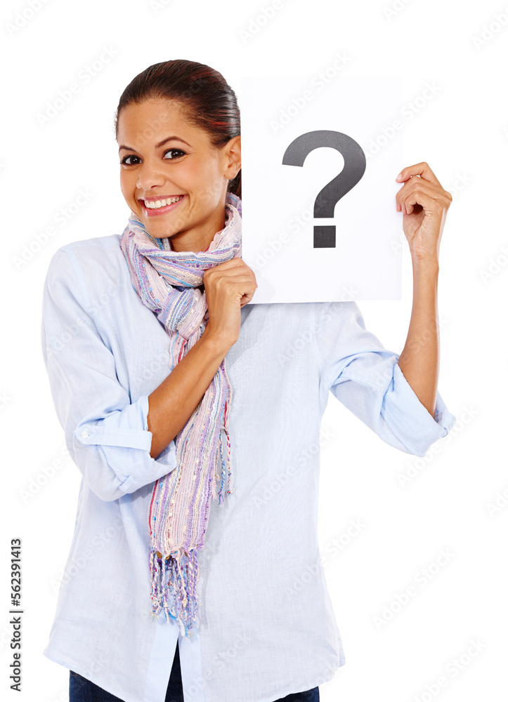 Woman with question mark poster, portrait and question with branding or ...