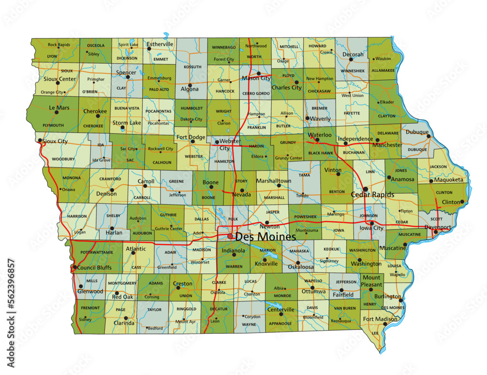 Highly detailed editable political map with separated layers. Iowa ...
