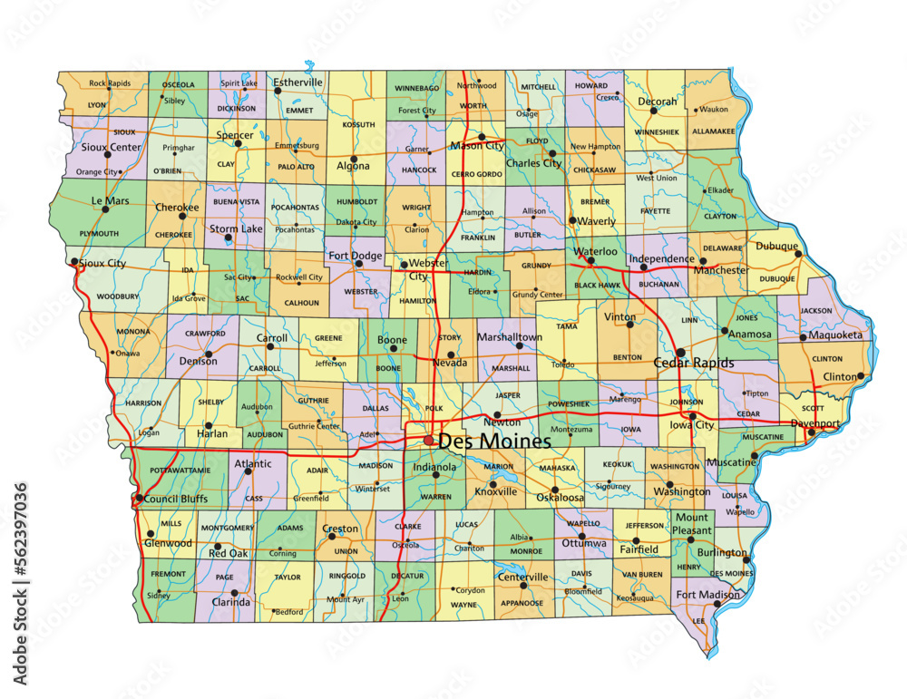 Iowa - Highly detailed editable political map with labeling. Stock ...