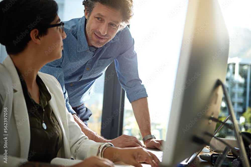 Computer, digital strategy and office worker people conversation about ...