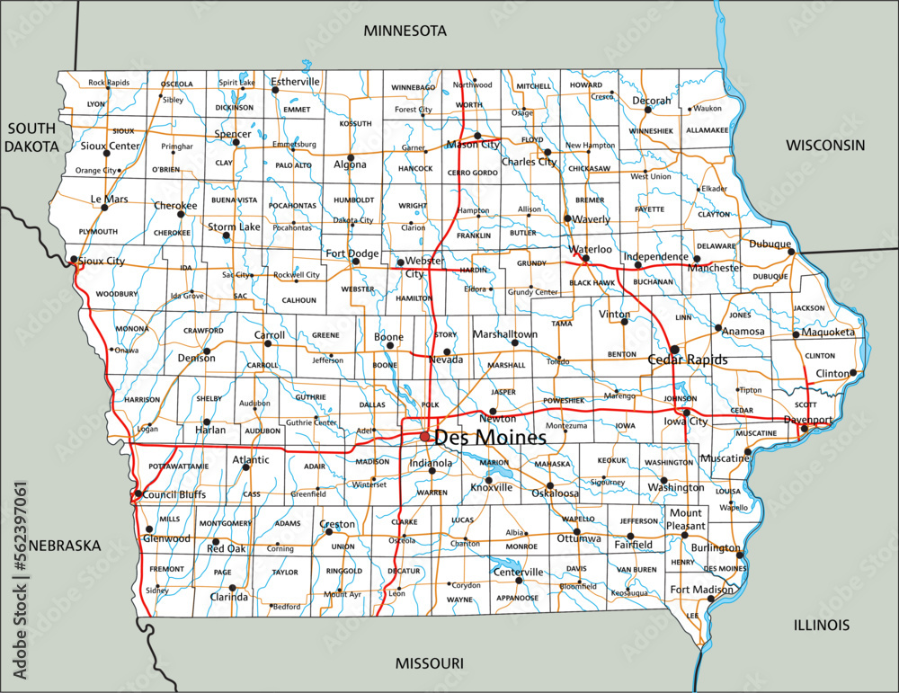 High detailed Iowa road map with labeling. Stock Vector | Adobe Stock