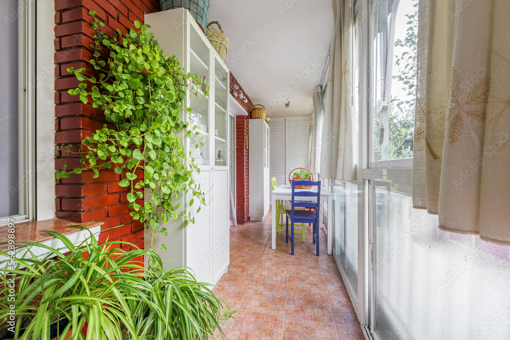 Closed terrace of a house with a white table and indoor hanging plants ...