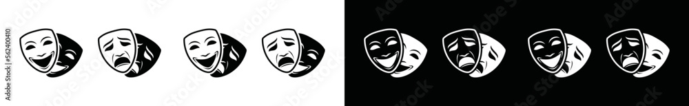 Theater mask icon set. Masquerade icon. Drama theater mask sign. Happy ...