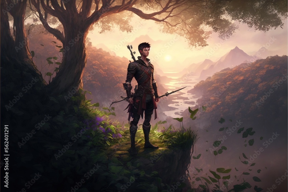 Archer standing on a tree in the fantasy forest, digital art style ...