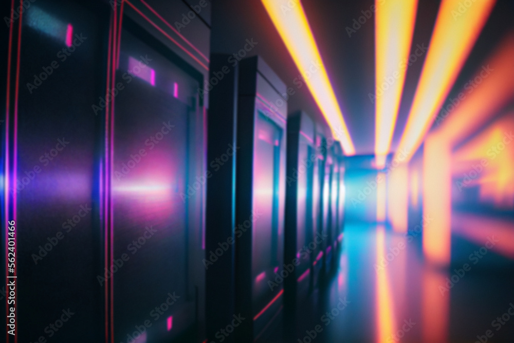 Blurred background of a futuristic interior of a computer server room ...
