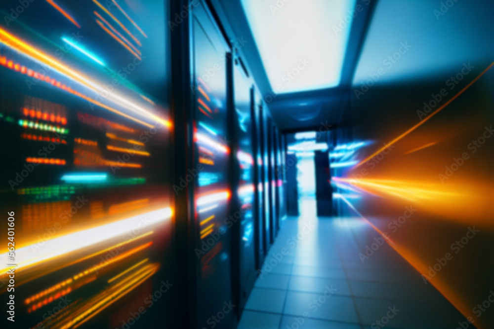 Blurred background of a futuristic interior of a computer server room ...